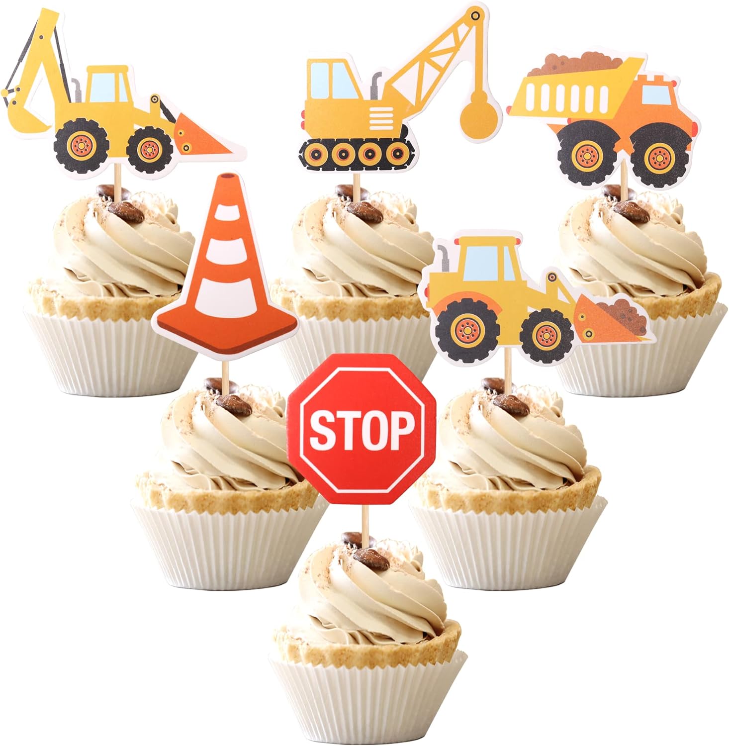36 PCS Construction Cupcake Toppers Stop Sign Dump Truck Excavator Tra ...