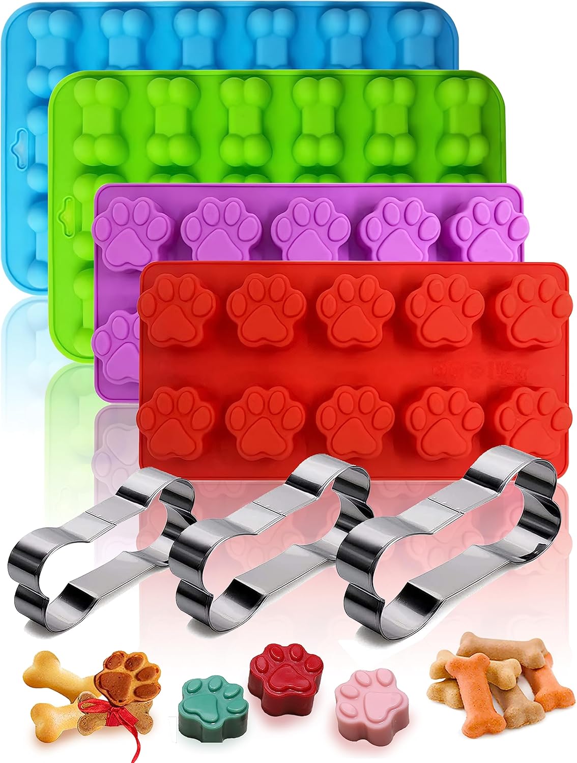 Set of 7，4 Pieces Silicone Molds Puppy Dog Paw & Bone Shaped and 3 Pie ...
