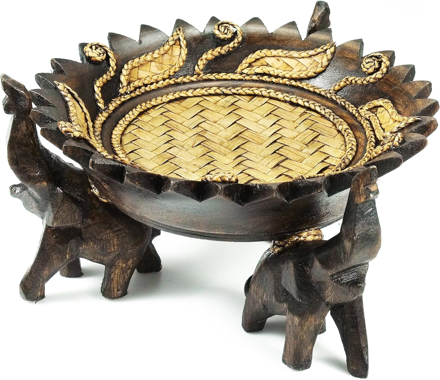 AeraVida Wooden Tray Rejoicing Elephant Leaves Carved Design Round Rai ...